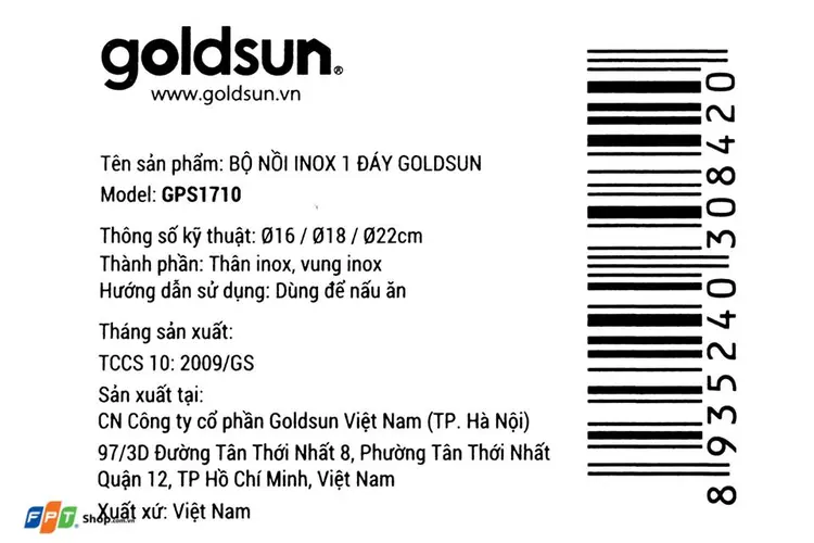 Bộ 3 nồi inox đáy từ Goldsun GPS1710 chính hãng, giá rẻ